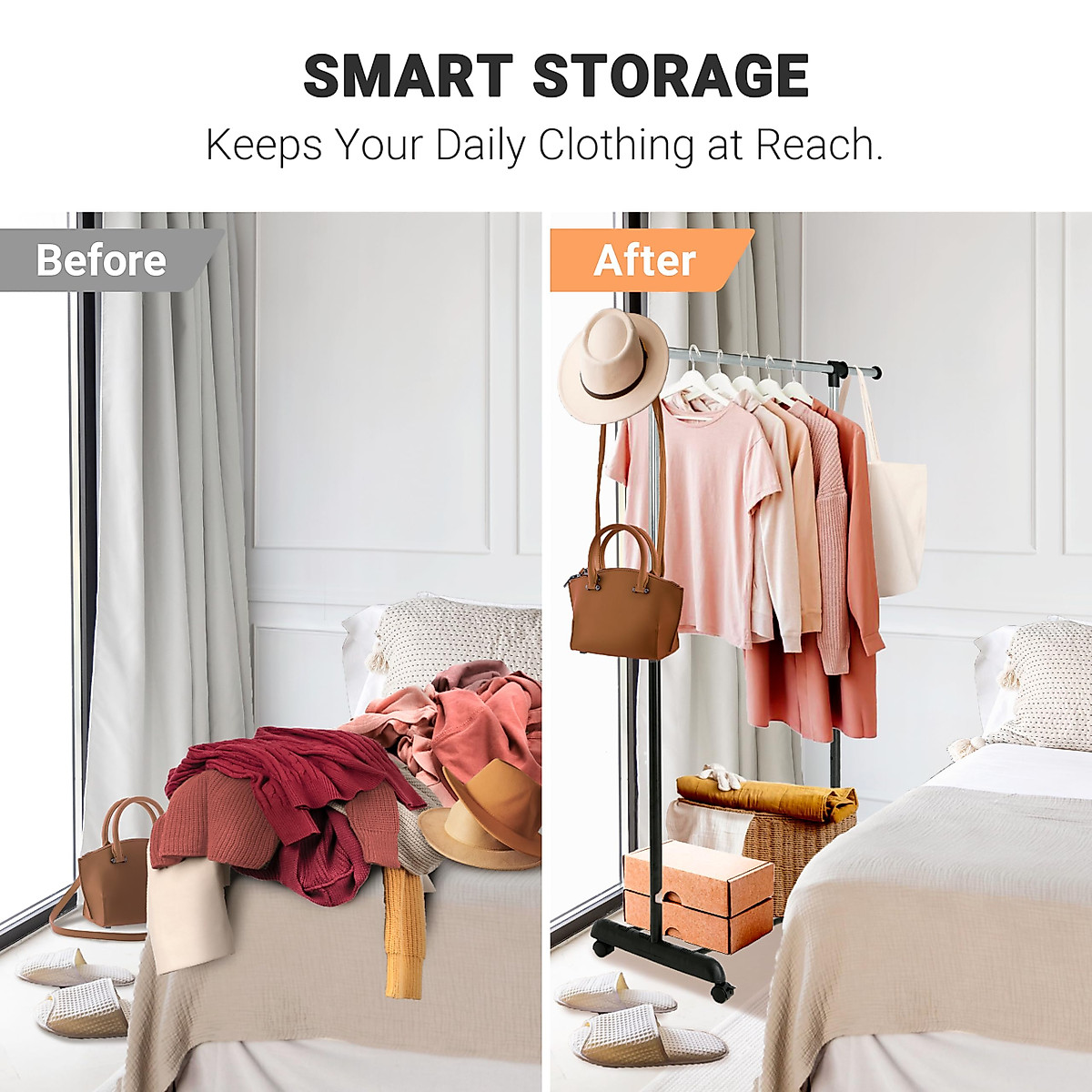 ikloo Clothing Rack with Wheels for Hanging Clothes | Extendable and Adjustable Garment Racks | Freestanding Rolling Closet Laundry Racks for Drying | Portable Clothes Organizer with Shelves | Chrome