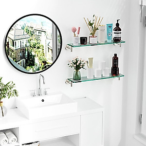 KOCOK Glass Shelves for Bathroom,19.6-Inch Brushed Nickel Floating Bathroom Glass Shelves Tempered Glass Stainless Steel Glass Bathroom Shelves Modern Wall Mount Accessories