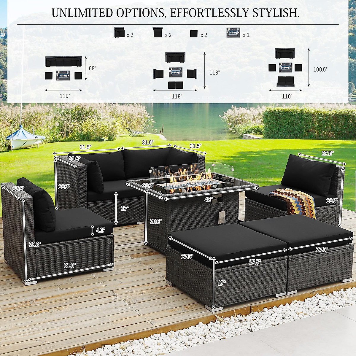 BULEXYARD Large High Back Grey Rattan Patio Furniture Set with Propane/Gas Fire Pit Table, Luxury Deep Wide Seat Outdoor Sectional Sofa, Modern Wicker Modular Conversation Couch (7Pcs, Black)