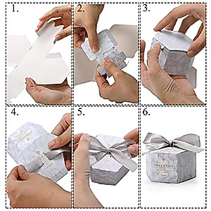 Okllen 100 Pcs Hexagonal Candy Boxes 3.2"Lx 2.7"Wx1.8"H, Wedding Birthday Party Favor Gift Boxes with Ribbons, Marble Pattern Treat Goodie Bags for Party Decoration, Baby Shower, Bridal Shower, Celebration