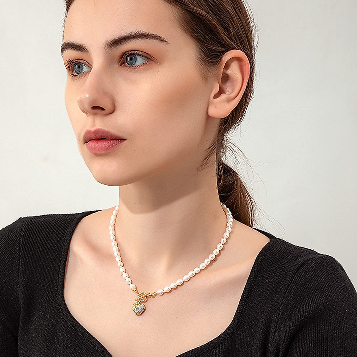 Cowlyn Love Heart Necklaces Pendant Pearl Chain 14K Gold Plated Mothers Valentine Gift Women Handmade Mom Jewelry