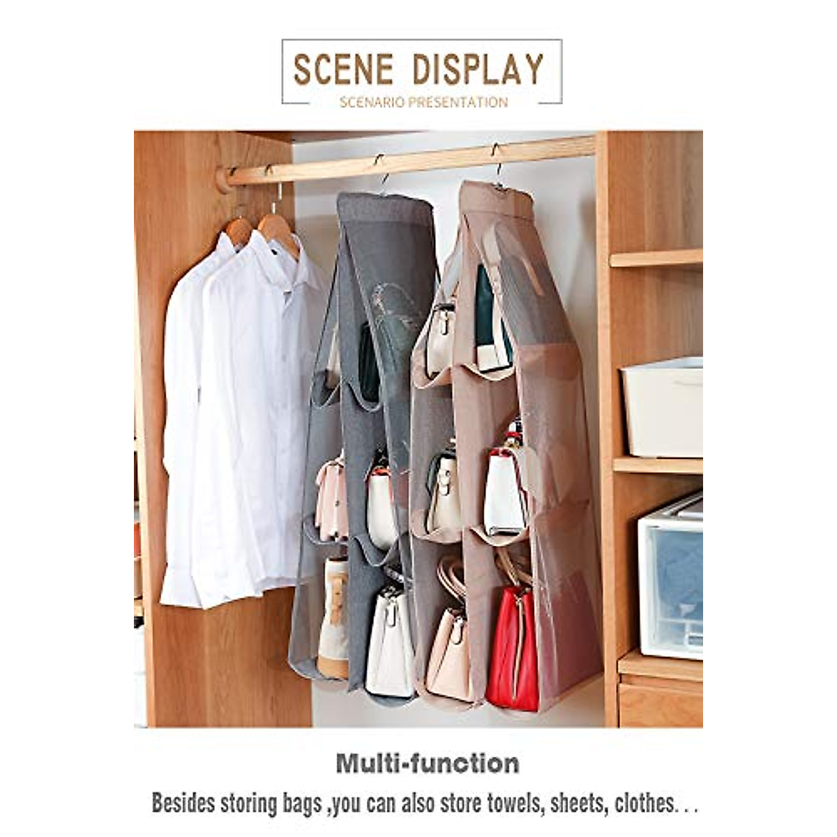 AARAINBOW 2 Pcs Hanging Handbag Organizer 6 Pockets Wardrobe Purse Hanger Closet Space Saving Purse Organizers Breathable Handbag Storage Organizer, Washable, 37 L x 13.8W (Gray+Green)