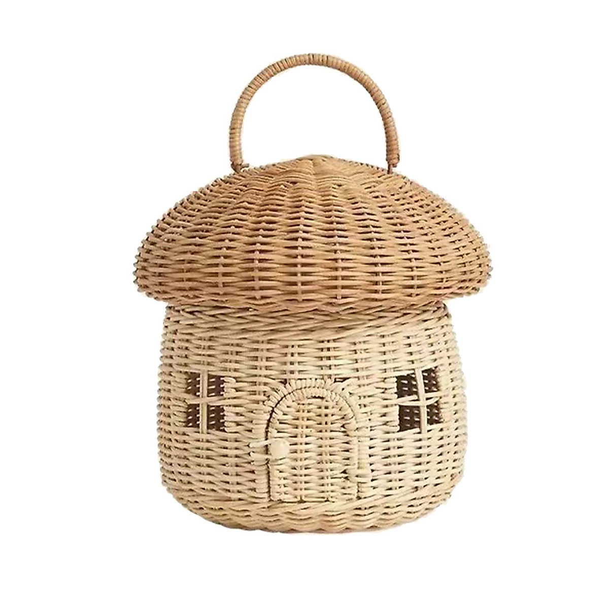 Wnvivi Mushroom Shape Rattan Storage Basket,Hand Woven Wicker Storage Bin with Handle and Lid,Cute Mushroom (25x25cm)