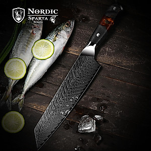 Nordic New Sparta Series Pro Kiritsuke Damascus Chef Knife, Japanese VG10 Super Steel, 67 Layers Damascus Steel, Resin and Maple Wood Handle and Leather Sheath (Kiritsuke Knife)