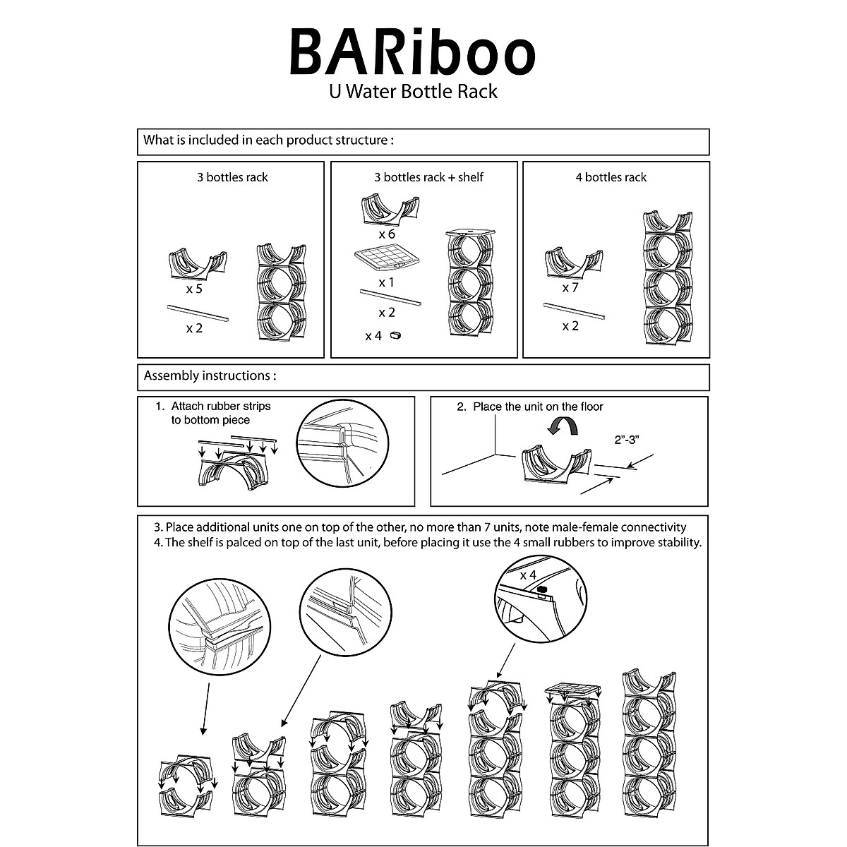 Stackable Water Bottle Storage Rack Best Water Jugs 5 Gallon Organizer. Jug Holder for Kitchen, Cabinet and Office Organizing. Reinforced Polypropylene (4 No Shelf, Black)