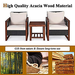 Tangkula 3 Pieces Patio Wicker Furniture Set, Rattan Outdoor Sofa Set w/Washable Cushion & Acacia Wood Coffee Table, Conversation Bistro Set for Garden Balcony Backyard (Beige)