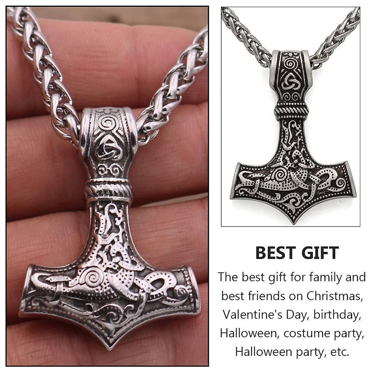 Viking Necklace Viking Mjolnir Necklace Norse Pagan Jewelry Nordic Vegvisir Mjolnir Necklace Stainless Steel Protection Amulet
