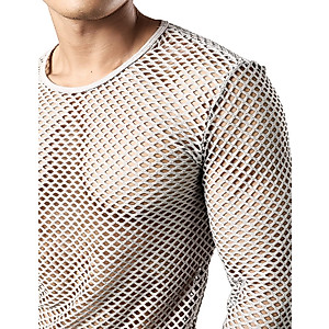 JOGAL Men's Mesh Fishnet Fitted Long Sleeve Muscle Top X-Large WG04 Grey