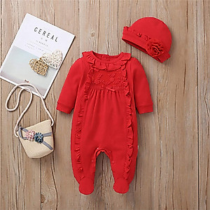 Infant Baby Girl Ruffled Cotton Footies Footed Overall Romper with Hat Toddler Baby Footed Jumpsuit (Red, 0-3M)