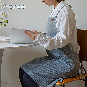 HANEE Cross-Back Apron for Men and Women, Cotton Canvas Apron with Stripes (3 Colors) (Navy Blue)