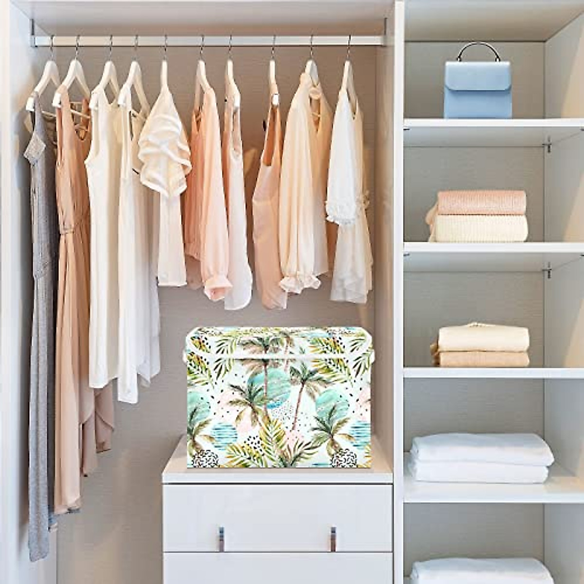 CaTaKu Geometric Palm Tree Storage Bins with Lids Fabric Large Storage Container Cube Basket with Handle Decorative Storage Boxes for Organizing Clothes Shelves