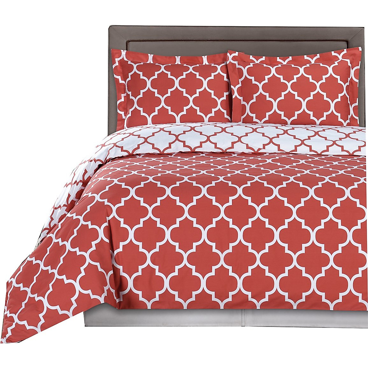 sheetsnthings Meridian 250-Thread-Count, 100-Percent Cotton King-California King Reversible 3PC Duvet Cover Set, Coral and White