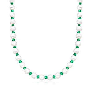 Ross-Simons 8-8.5mm Cultured Pearl and 13.00 ct. t.w. Emerald Bead Necklace With 14kt Yellow Gold. 18 inches