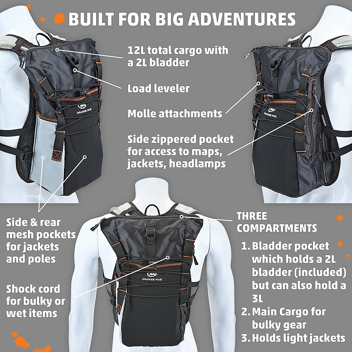 M Orange Mud Adventure Pack 12L, Black 3.0, with TPH
