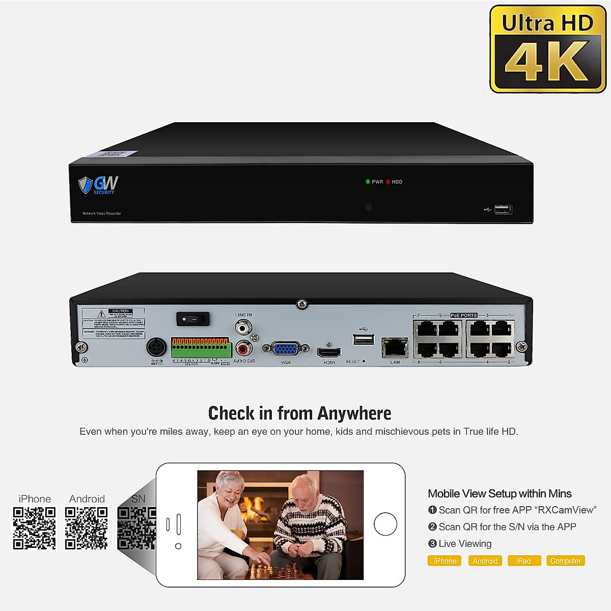 GW Security 8 Channel Smart AI PoE NVR Ultra-HD 4K (3840x2160) Security Camera System with 4 x 4K (8MP) 2160P Face Recognition/Human/Vehicle Detection Waterproof Surveillance IP Dome Camera