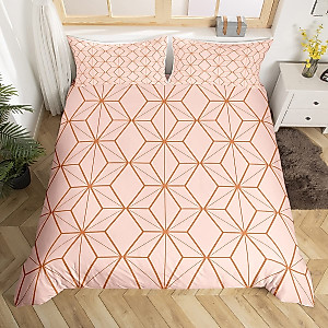 Geometric Bedding Duvet Cover Set Kids Geometry Bedding Set Modern Abstract Art Comforter Cover Set for Boys Room Decor Lightweight Golden Pink Bedspread Cover Full Size with 2 Pillow Case