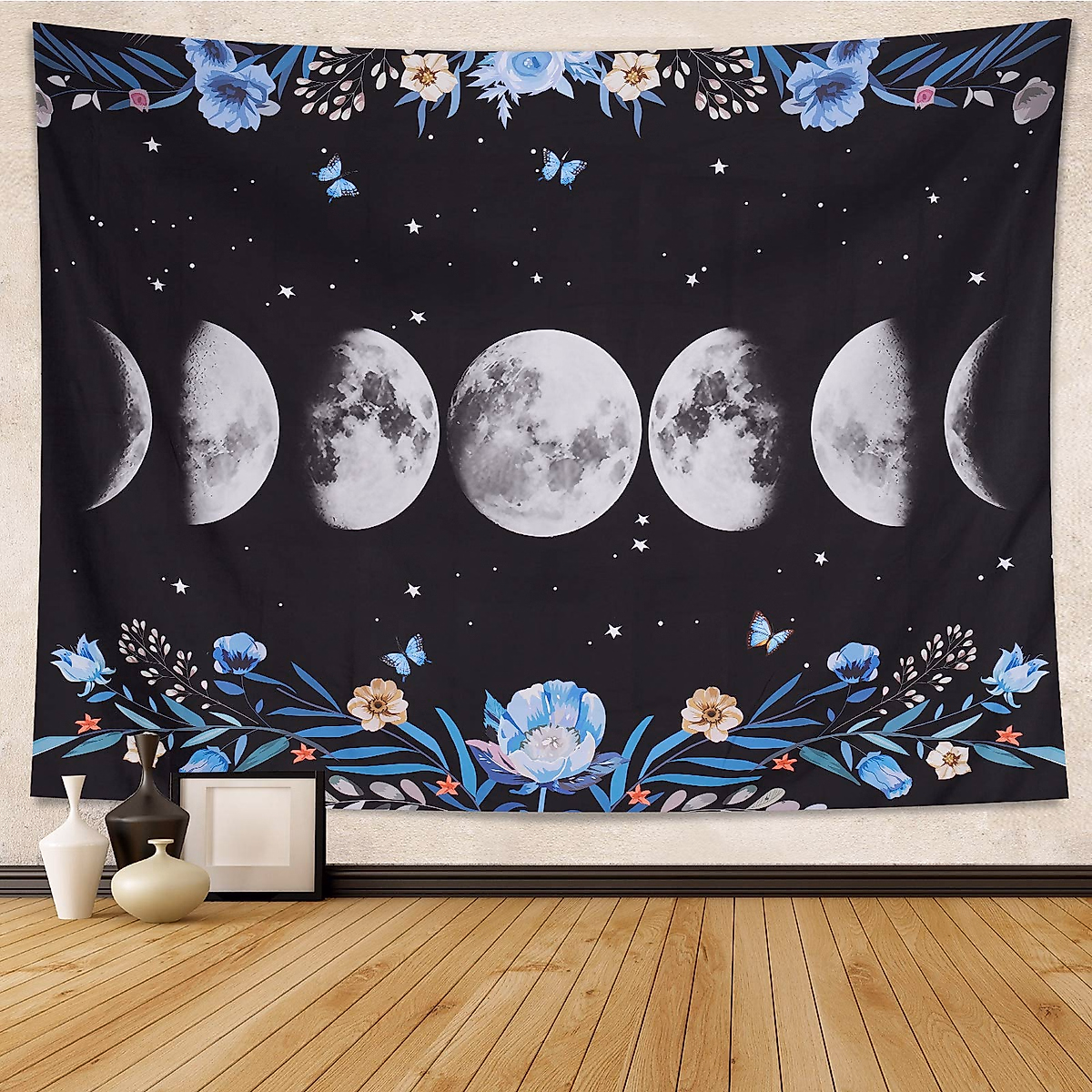 Pocass Moon Phase Tapestry with Floral Vine Butterfly Moonlit Garden Tapestry Black Background Flower Wall Hanging Tapestry for Home 59.1ʺ × 78.7ʺ