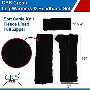 CRS Cross Leg Warmers and Headband Set for Figure Skating. Zipper Easy On/Off. Warm Knit Fleece Lined - Black Long