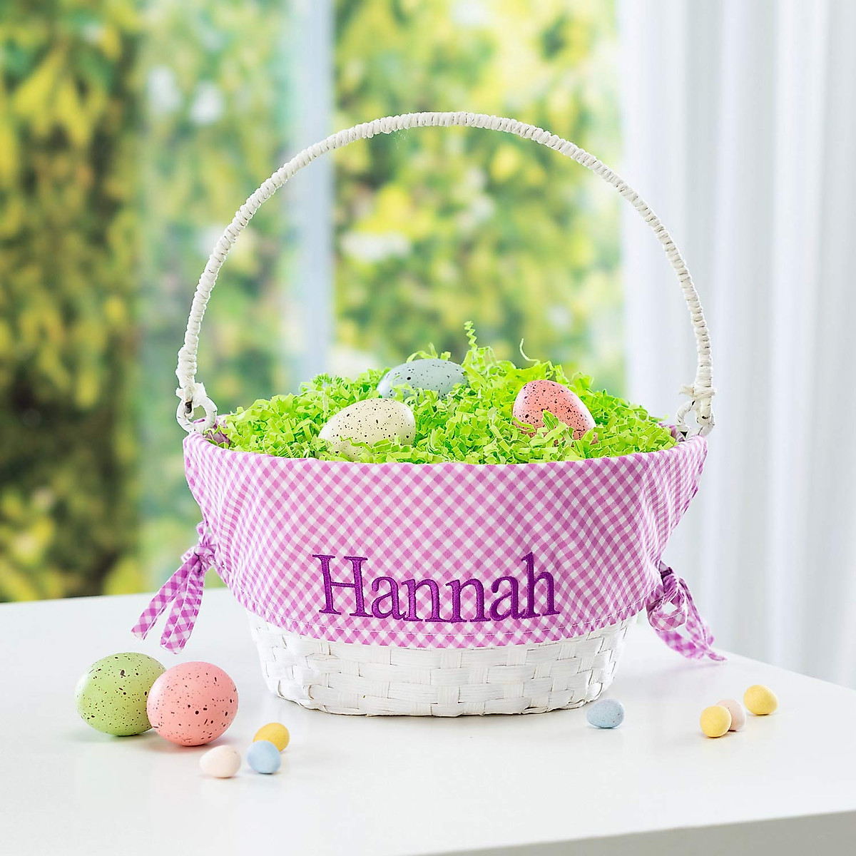 Personalized Easter Egg Basket with Handle and Custom Name | Purple Gingham Easter Basket Liners | White Basket | Woven Easter Baskets for Kids and Adults | Customized Easter Basket | Gift for Easter
