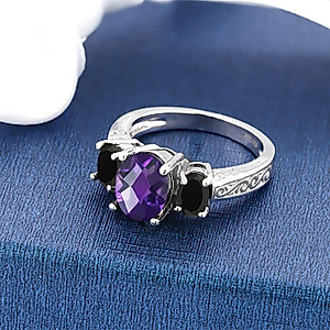 Gem Stone King 925 Sterling Silver Purple Amethyst and Black Onyx 3-Stone Ring For Women (2.38 Cttw, Gemstone Birthstone, Available in size 5, 6, 7, 8, 9)
