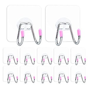 Adhesive Double Hook Wall Hooks, 12 Pack Heavy Duty Nailless Adhesive Hooks - Max 13lbs Capacity, Stainless Steel Non-Marking Bathroom Kitchen Reusable Water and Oil Resistant Seamless Hook Wall Hooks