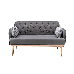 NALLBEIRRAA 56" Accent Sofa, Mid Century Modern Velvet Fabric Couch with 2 Pillow, Velvet Sofa, Loveseat Sofa, Recliner Couch with Gold Metal Feet for Living Room, Bedroom (Grey)