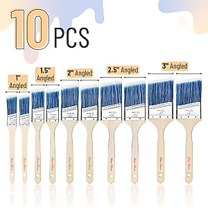 Bates- Paint Brushes, 10 Pack, 1", 1.5", 2", 2.5", 3", Angle Brushes, Treated Wood Handle, Wall Paint Brushes for Walls, Stain Brush, Furniture Paint Brushes for Painting Walls, Painting Brush