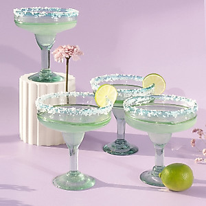 MyCajita Mexican Glassware, Aqua Rims 10oz Margarita Glasses, Set of 4 Unique Hand Blown Glass, Handcrafted by Talented Artisans Thick & Sturdy Easy to hold