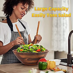 HOMEXCEL Acacia 3-Piece Wooden Salad Bowl Set, Large Wood Salad Bowl with Server,Big Wood Serving Bowl for Fruits, Salad, Cereal or Past