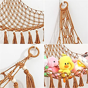 JIELAIMI Stuffed Animal Toy Storage Organizer, Toy Storage Hammock with Decorative Tassels Corner Large Capability Toy Net Holder (brown)