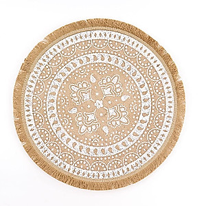 BalsaCircle 4 Natural 15 in Round Woven Burlap Jute Placemats White Print Fringe Trim Wedding Party Event Home Decorations Supplies