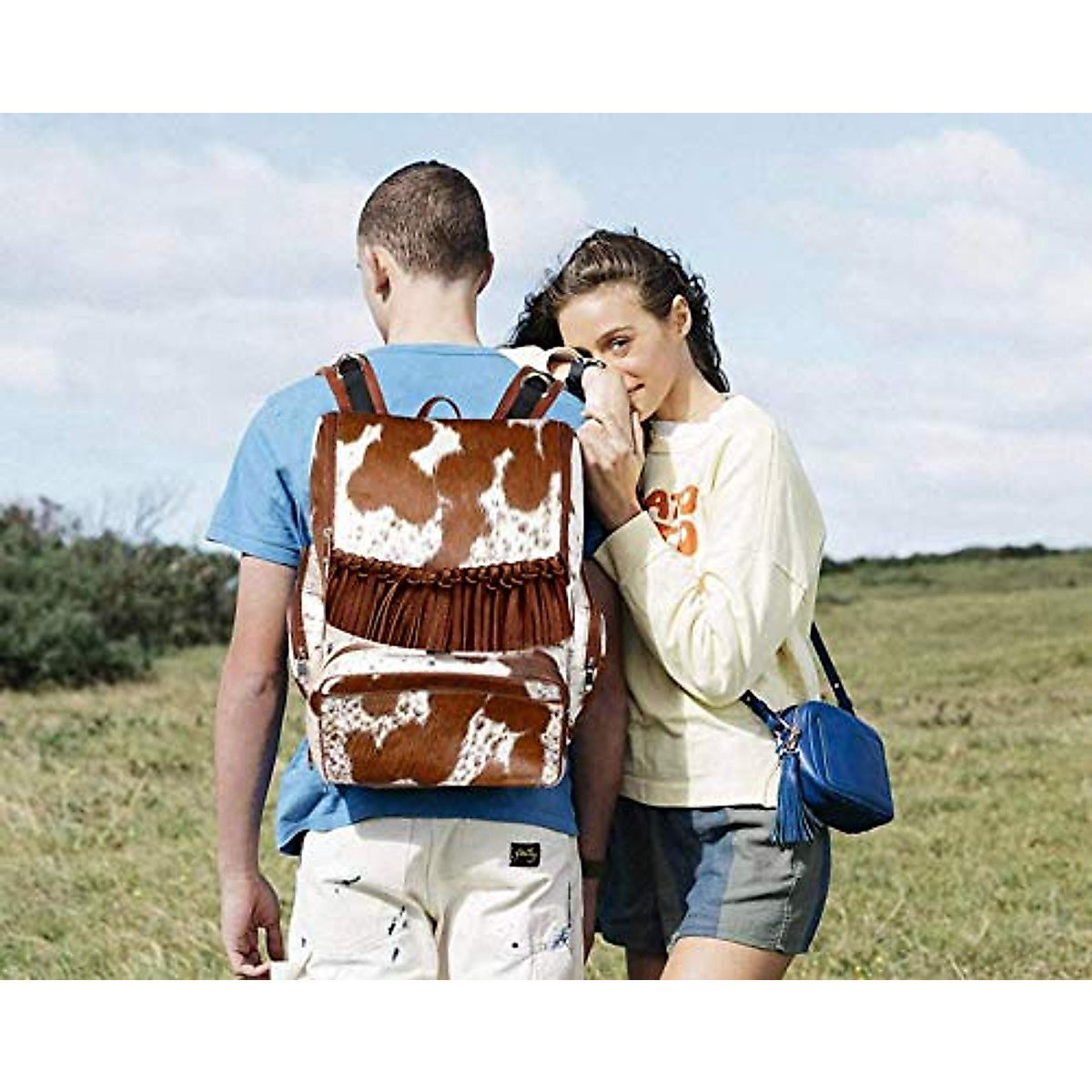 LP-FACON Cowhide Hair Print Fur Leather Fringe Diaper Backpack Rucksack/Knapsack Travel Shoulder Bag Brown