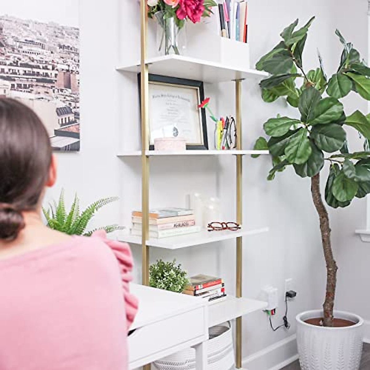 SUPERJARE Modern Ladder Shelf, 5-Tier Open Wall-Mounted Bookshelf with Stable Metal Frame, 72 Inches Storage Rack Shelves, Stand Bookcase for Home Office - White/Gold