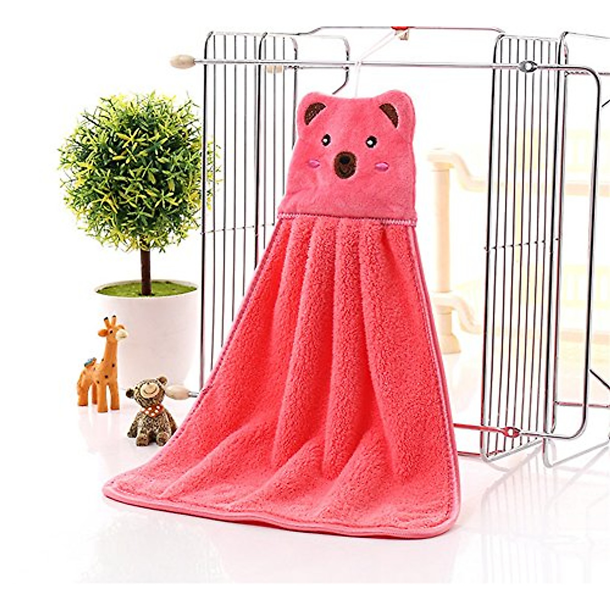 RMay Store HOTUMN Hanging Towel Washcloth Cartoon Cute Animal Kids Microfiber Hanging Hand Towels Absorbent Towel for Kitchen Bathroom Color Random 2pcs