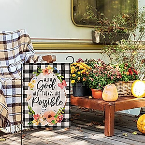 Furiaz With God All Things are Possible Easter Religious Small Decorative Garden Flag, Spring Inspirational Faith Yard Buffalo Plaid Check Outside Decoration, Summer Outdoor Decor 12x18