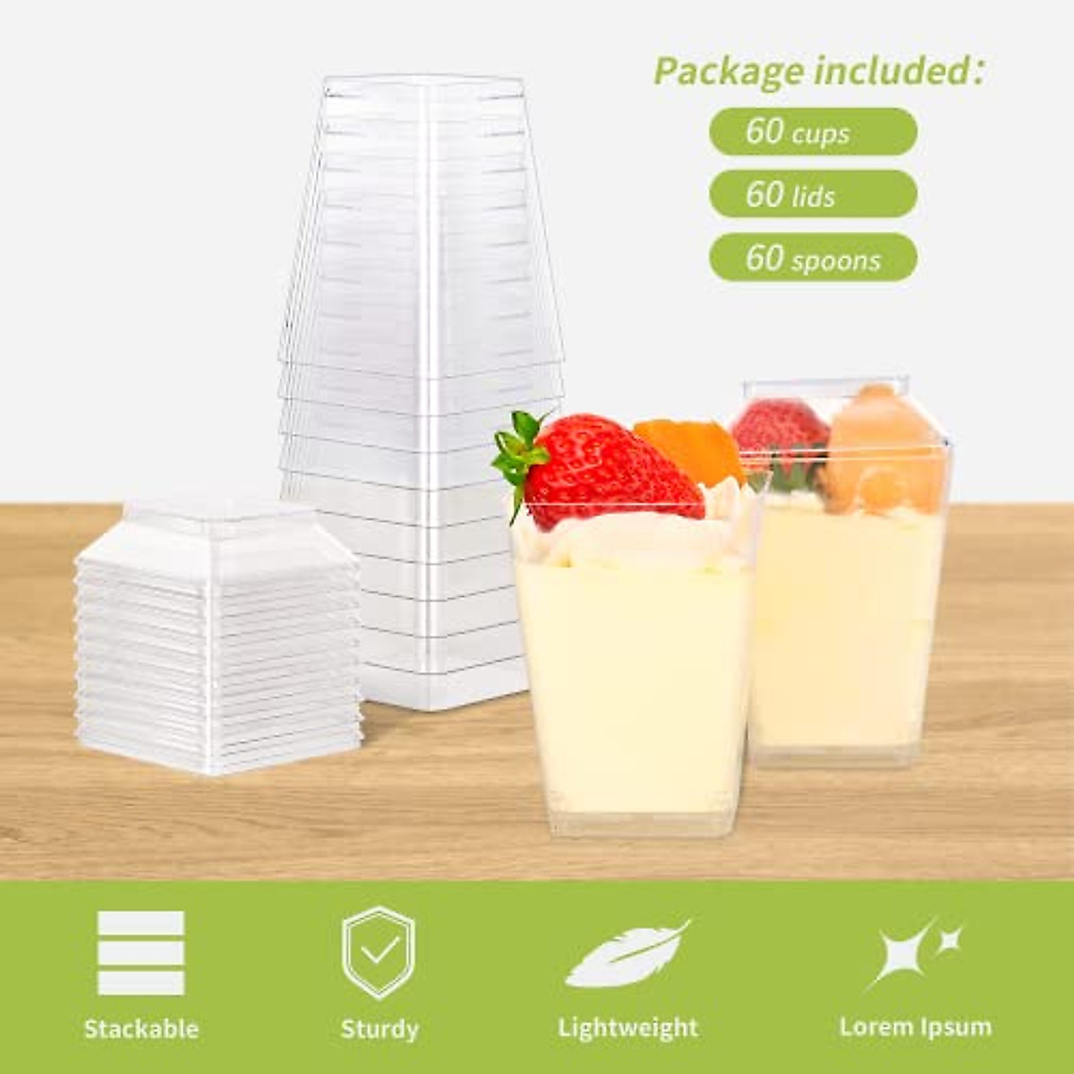 HawHawToys Dessert Cups, 60 Pack 5.4oz Appetizer Cups Parfait Cups Clear Plastic Dessert Cups with Lids and Spoons