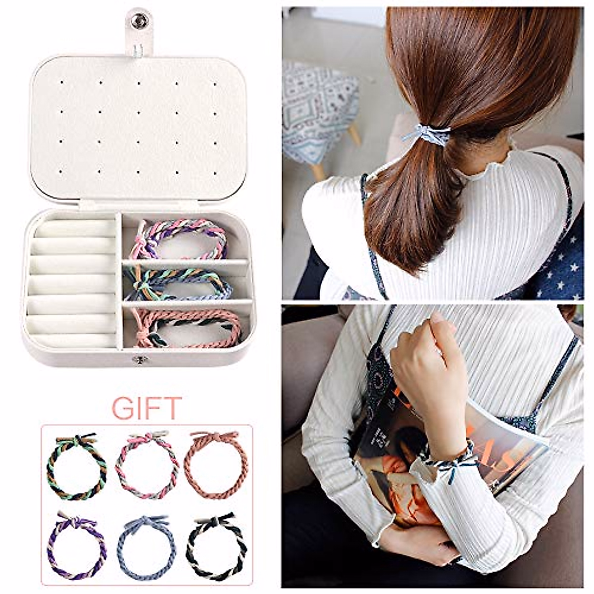 DREAM&GLAMOUR Travel Jewelry Case,Double Layer Jewelry Travel Box,Travel Jewelry Case Gift for Women,Girls with 6pcs Bracelets Gift（Necklace, Earring, Rings, Sparkle）