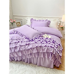 MOOWOO Girls Bedding,Waterfall Ruffle Duvet Cover -Twin 2 Piece Shabby Chic Bedding Solid Color Soft and Breathable with Zipper Closure,Corner Ties,Aesthetic Bedding-Purple,Twin