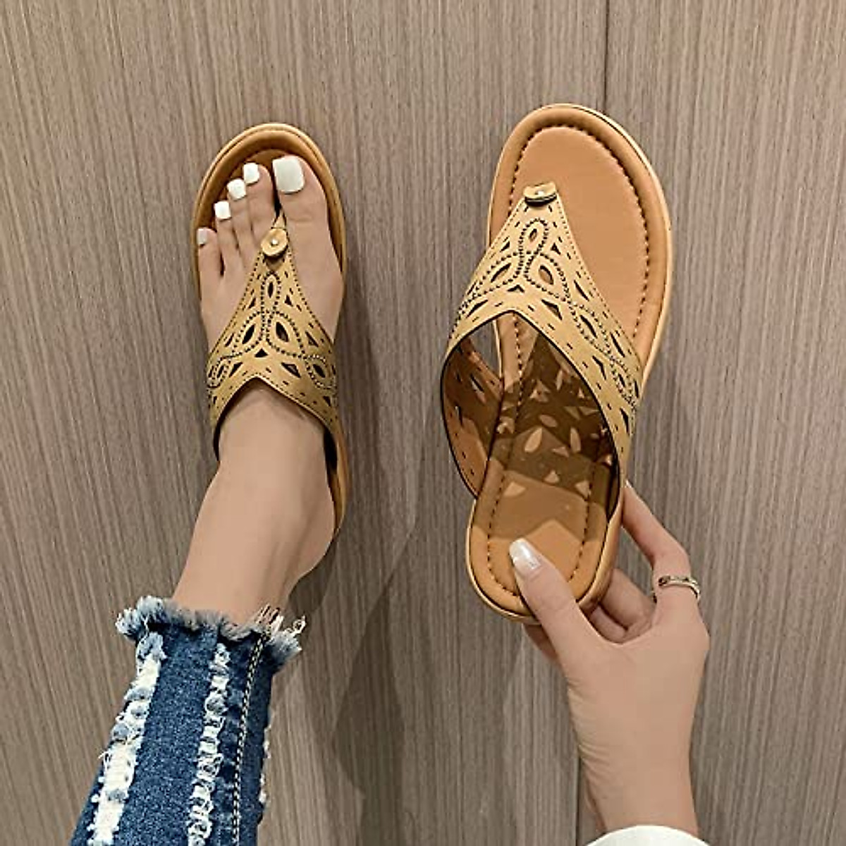 Ladies Fashion Summer Solid Leather Rhinestone Decorative Clamping Toe Slope Heel Casual Sandals for Women Wide Width (Brown, 8)