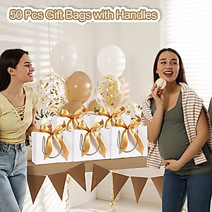 Eaasty 50 Pack Gift Bags with Handles Bulk Wedding Shower Favor Gift Bags White Paper Thank You Gift Bags with Bow Ribbon Wedding Guest Bridesmaid Welcome Gift Bags Birthday Party Favor Bags