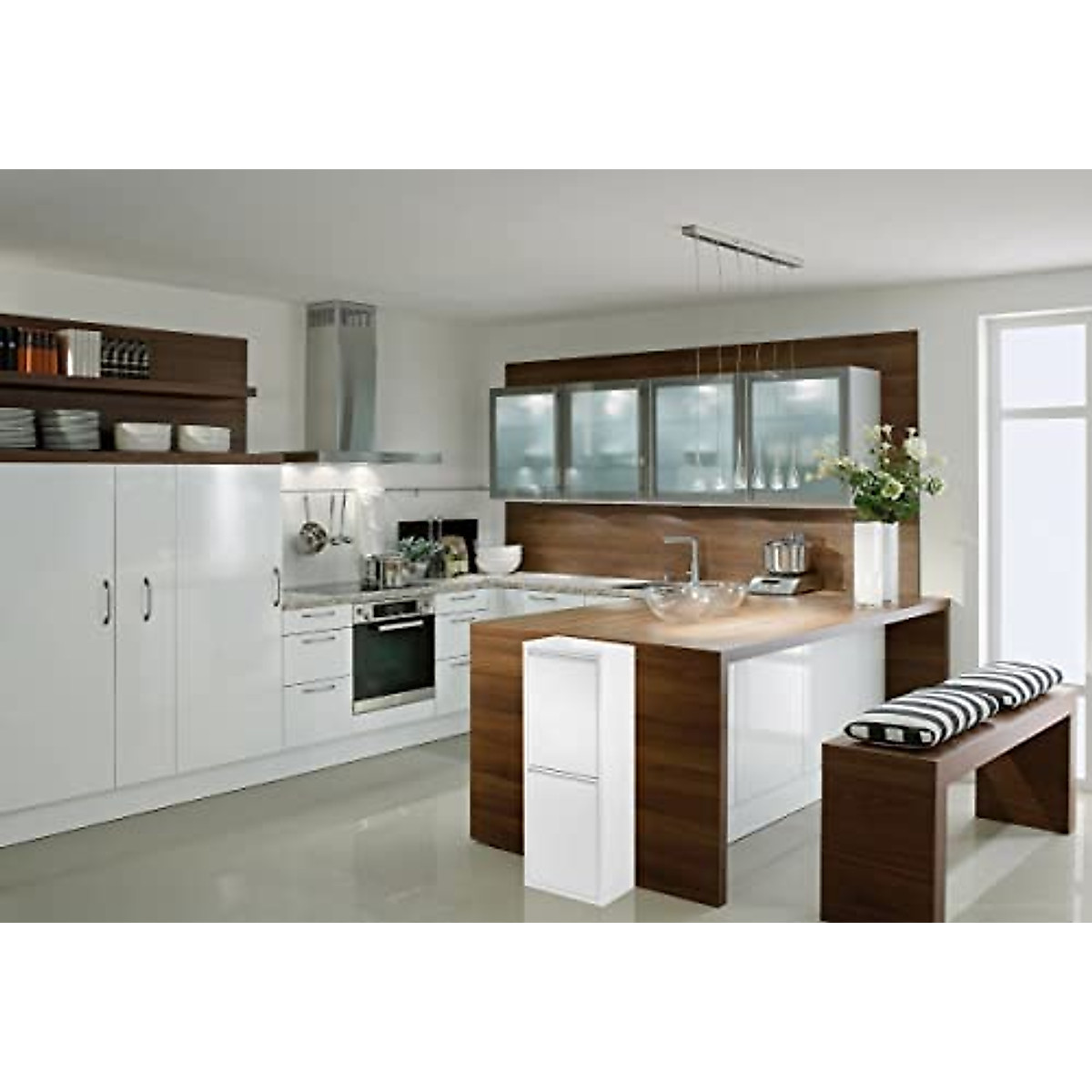 Kaser Metal Garbage Cabinet - 2 Drawer | 2x4 Gallon Plastic Bins with Metal Handle, Trash Can | Waste Separation - Kitchen Recycling