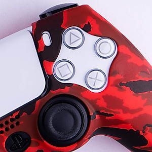 9CDeer 1 Piece of Silicone Transfer Print Protective Cover Skin + 10 Thumb Grips for Playstation 5 / PS5 Controller paint red