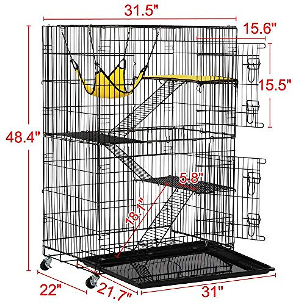 Yaheetech Collapsible Large 3-Tier Metal Wire Pet Cat Kitten Ferret Chinchilla Cage Playpen Crate Enclosure Kennel Cat Home on Wheels Indoor Outdoor 3X Ramp Ladders/1x Hammock