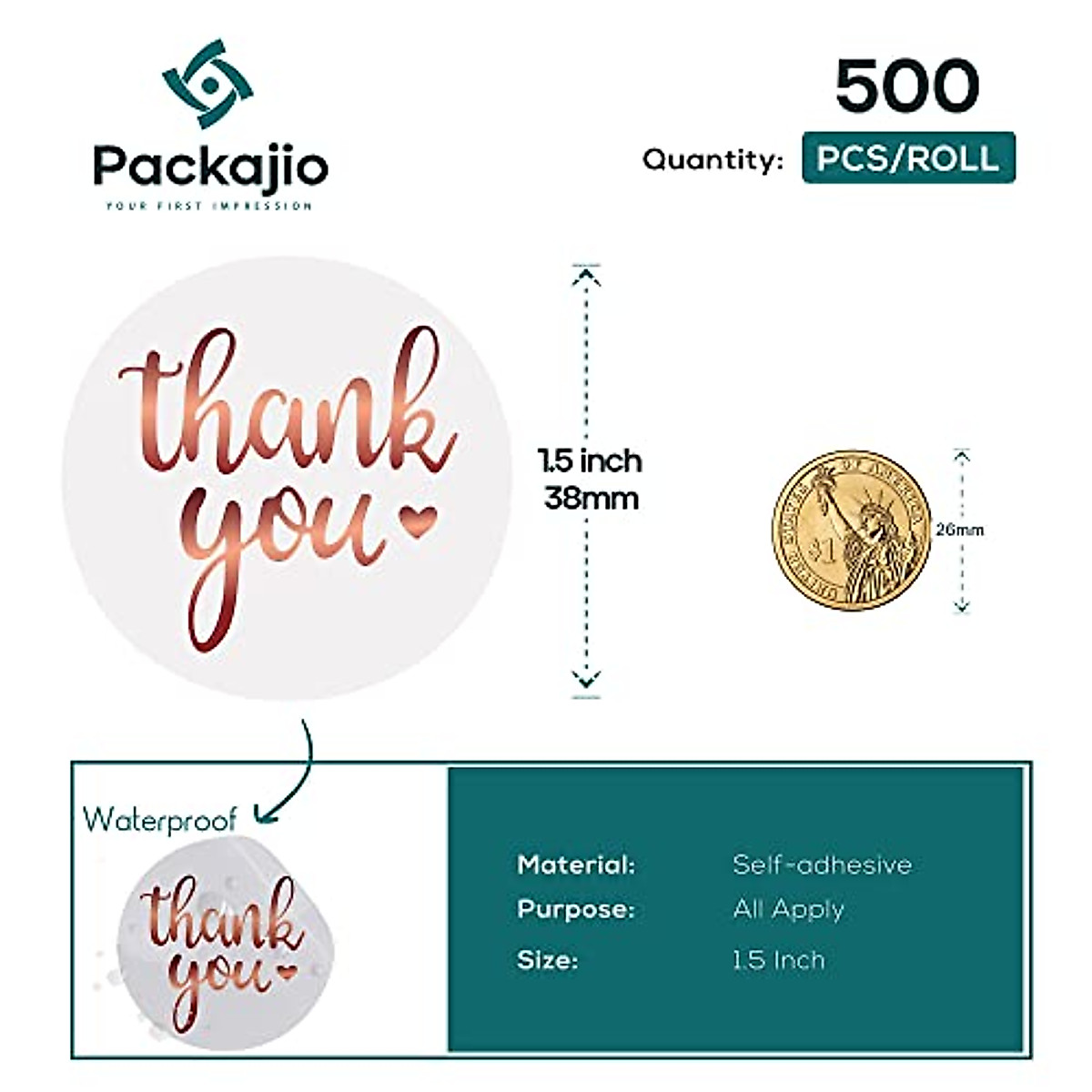 PACKAJIO Thank You Stickers Roll –500 PCS, 1.5” Inch, Durable, Self-Adhesive & Waterproof Rose Gold Foil - Thank You Stickers for Small Business, Packaging, Envelopes Seal, and Gift Wraps