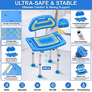 UGarden Upgraded Stainless Steel Shower Chair with T-Shaped Wide Back, 400LB Safety Shower Chair for Inside Shower, Anti Slip Adjustable Bath Chair Blue, Shower Seat for Bathtub for Seniors/Disabled