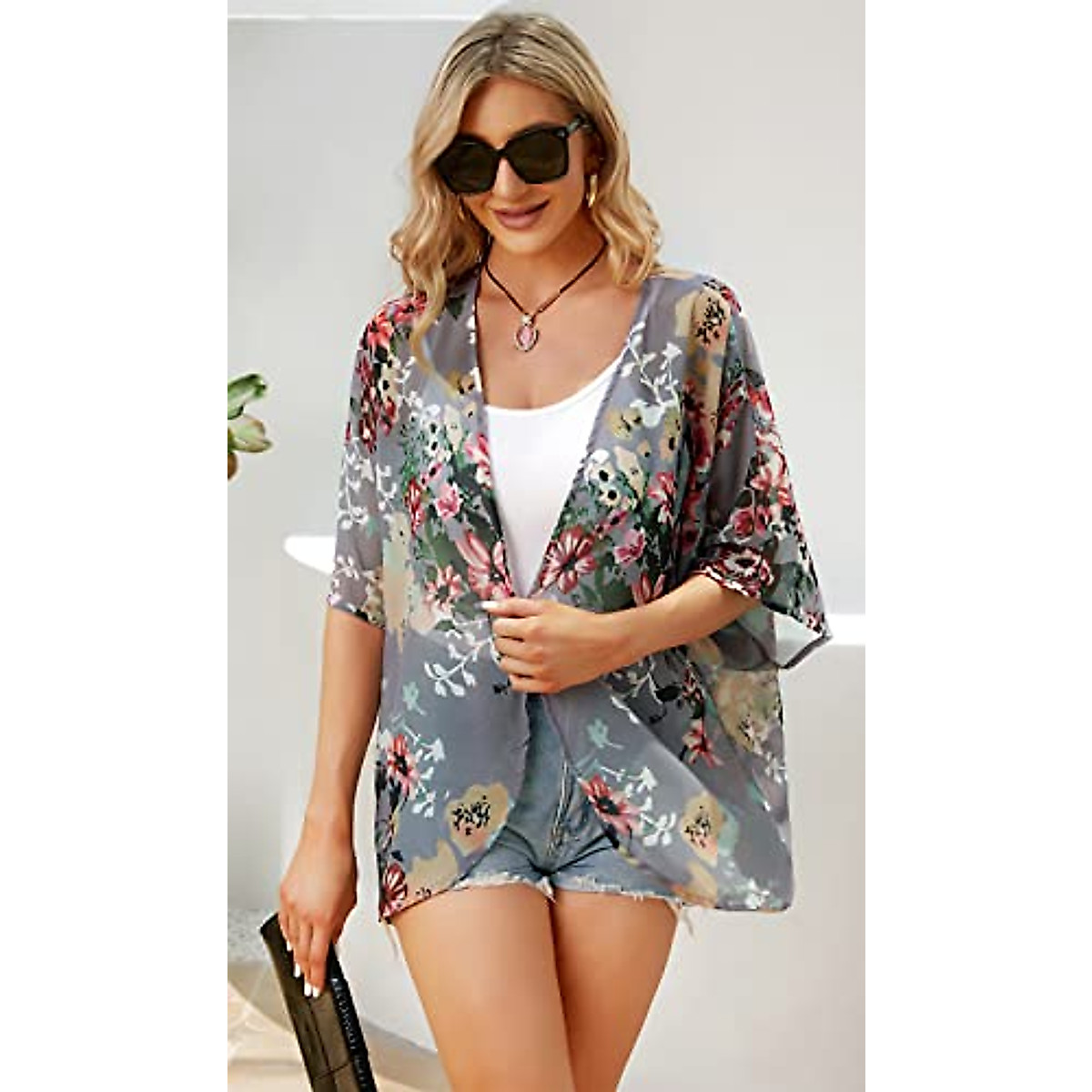 Women's Floral Print Puff Sleeve Kimono Cardigan Loose Cover Up Casual Blouse Tops (Dark Grey, XL)