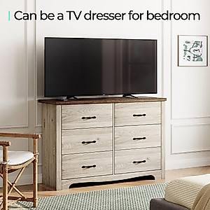 LINSY HOME 6 Drawer Dresser for Bedroom, Modern Double Dresser Organizer, Black Wood Dresser Chest of Drawers for Living Room,Entryway and Hallway, Wash White