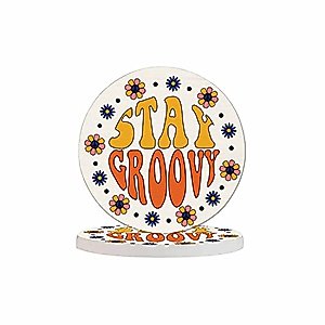 Pznen Stay Groovy Coasters for Drinks Office Coffee Table Seventies Retro Hippie Flowers Wreath in Circle Daisies Floral Living Room Decor Set of 2 for Cold Drinks Wine Mugs and Cups 4 Inch