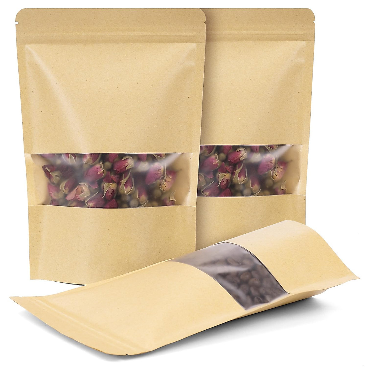 Food Storage Bags 140 Packs Resealable Bags Kraft Paper Bags Coffee Bags Packaging Bags with Window Stand Up Pouches Bags for Small Business Christmas(5.9x8.6 Inches)