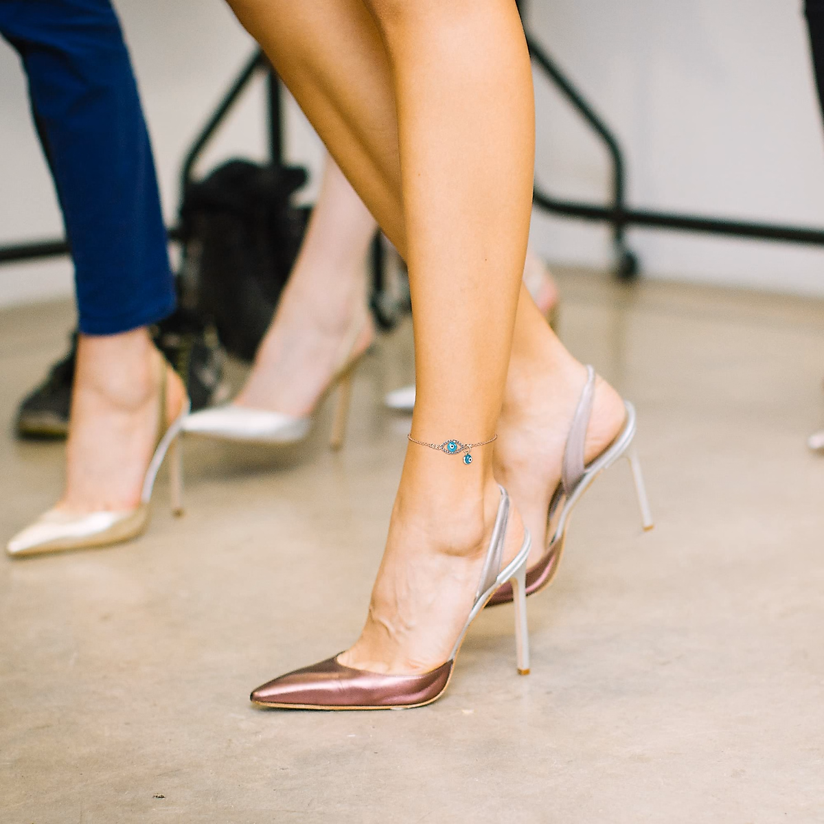 FIBO STEEL 6Pcs Evil Eye Anklets for Women Waterproof 14K Gold Plated Non Tarnish Adjustable Dainty Layered Summer Beach Jewelry Gifts